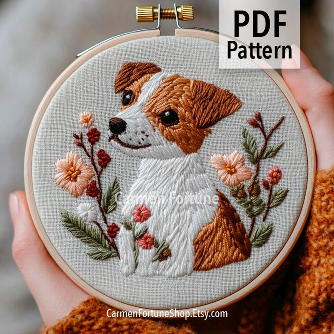 Jack Russell Terrier Hand Embroidery Pattern PDF, Cute Dog Embroidery ...