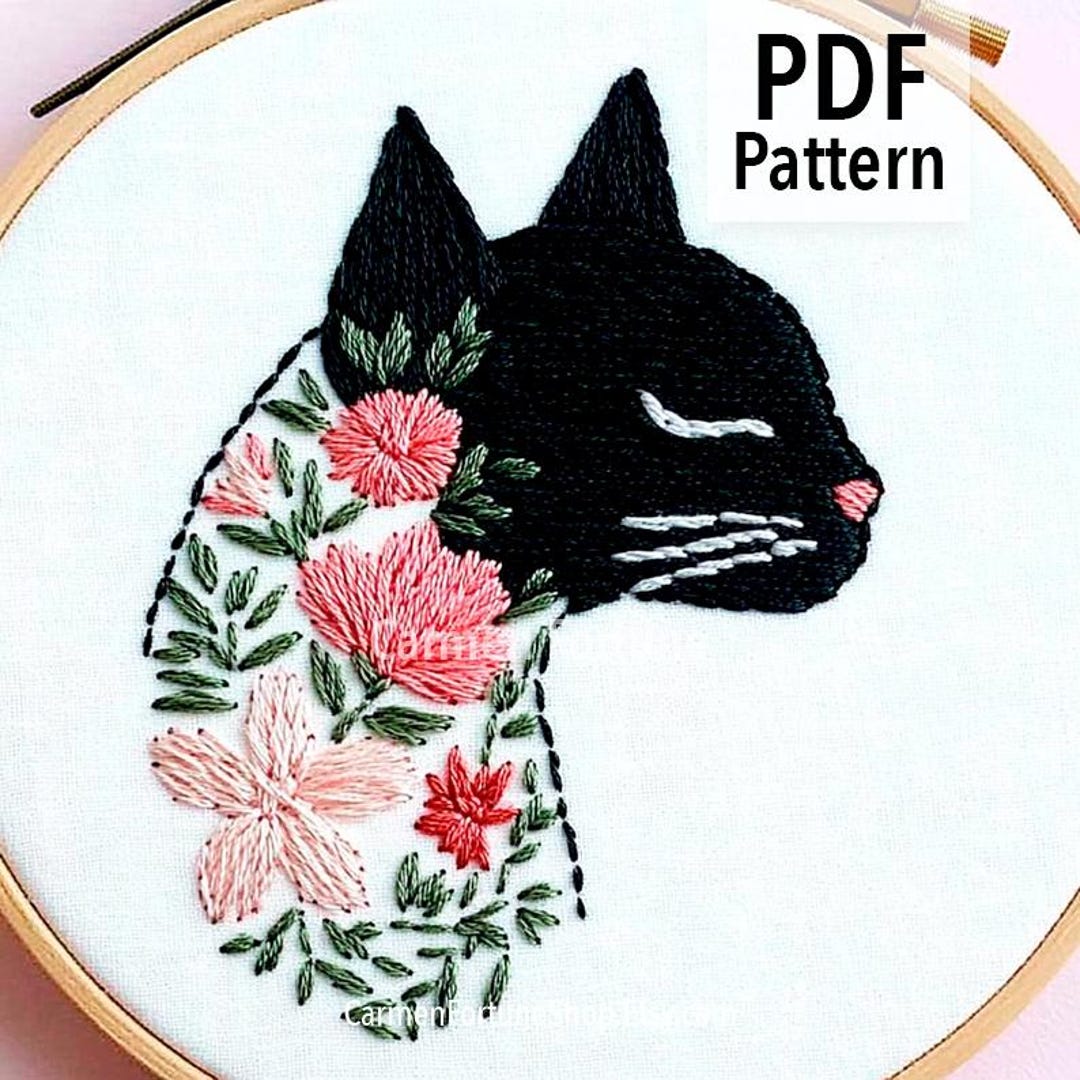 Floral Cat Hand Embroidery Pattern: Romantic DIY Hoop Art (PDF Download ...