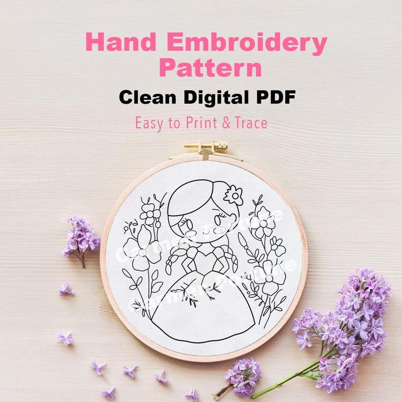 Hand Embroidery Pattern PDF, Cute Girl in Yellow Ball Gown With Flowers ...