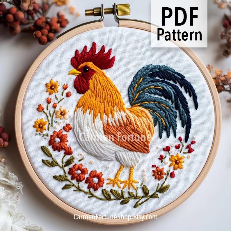 Rooster Hand Embroidery Pattern PDF, Farm Chicken Embroidery Design ...
