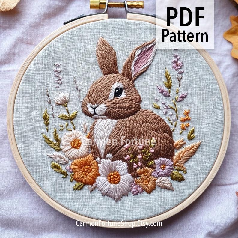 Bunny Rabbit Hand Embroidery Pattern, Woodland Animal With Spring ...