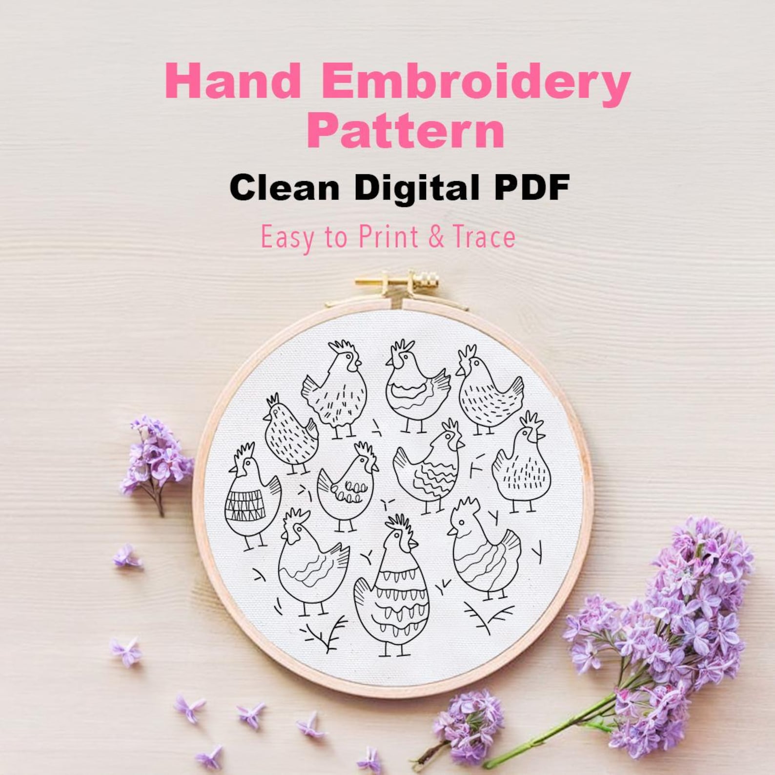 Colorful Chickens Hand Embroidery Pattern PDF, Farm Chicken Embroidery ...