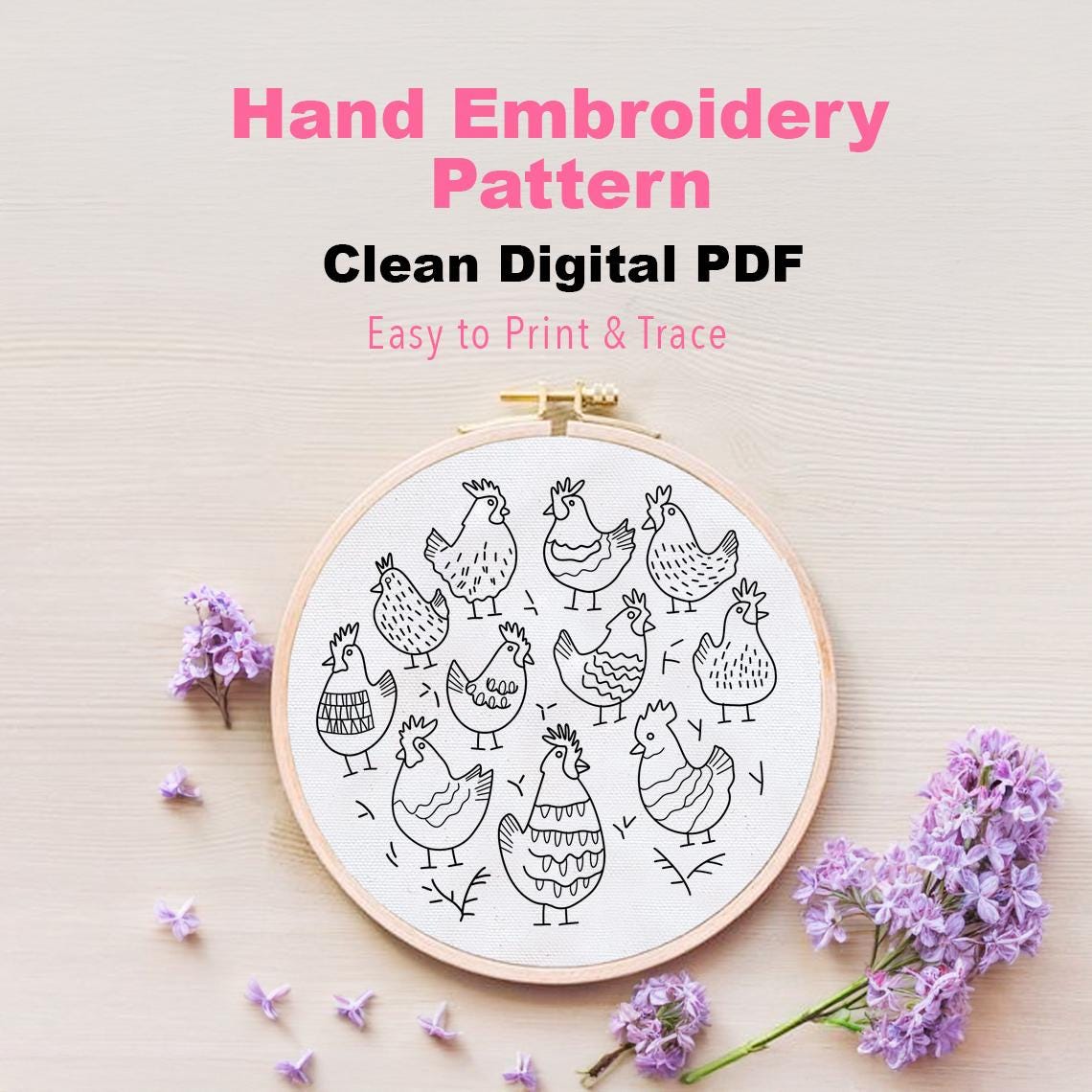 Colorful Chickens Hand Embroidery Pattern PDF, Farm Chicken Embroidery ...