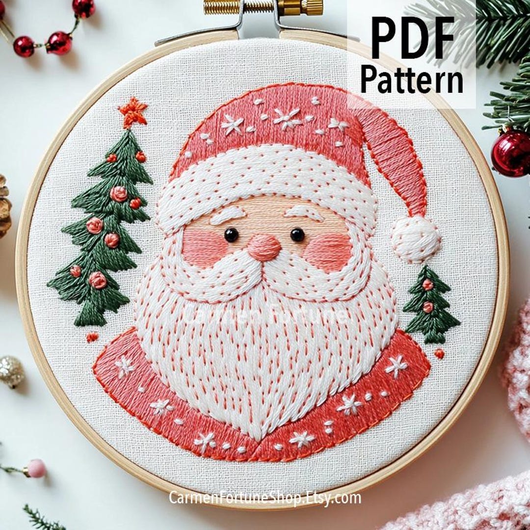 Hand Embroidery Pattern PDF, Christmas Santa Claus Embroidery With Tree ...