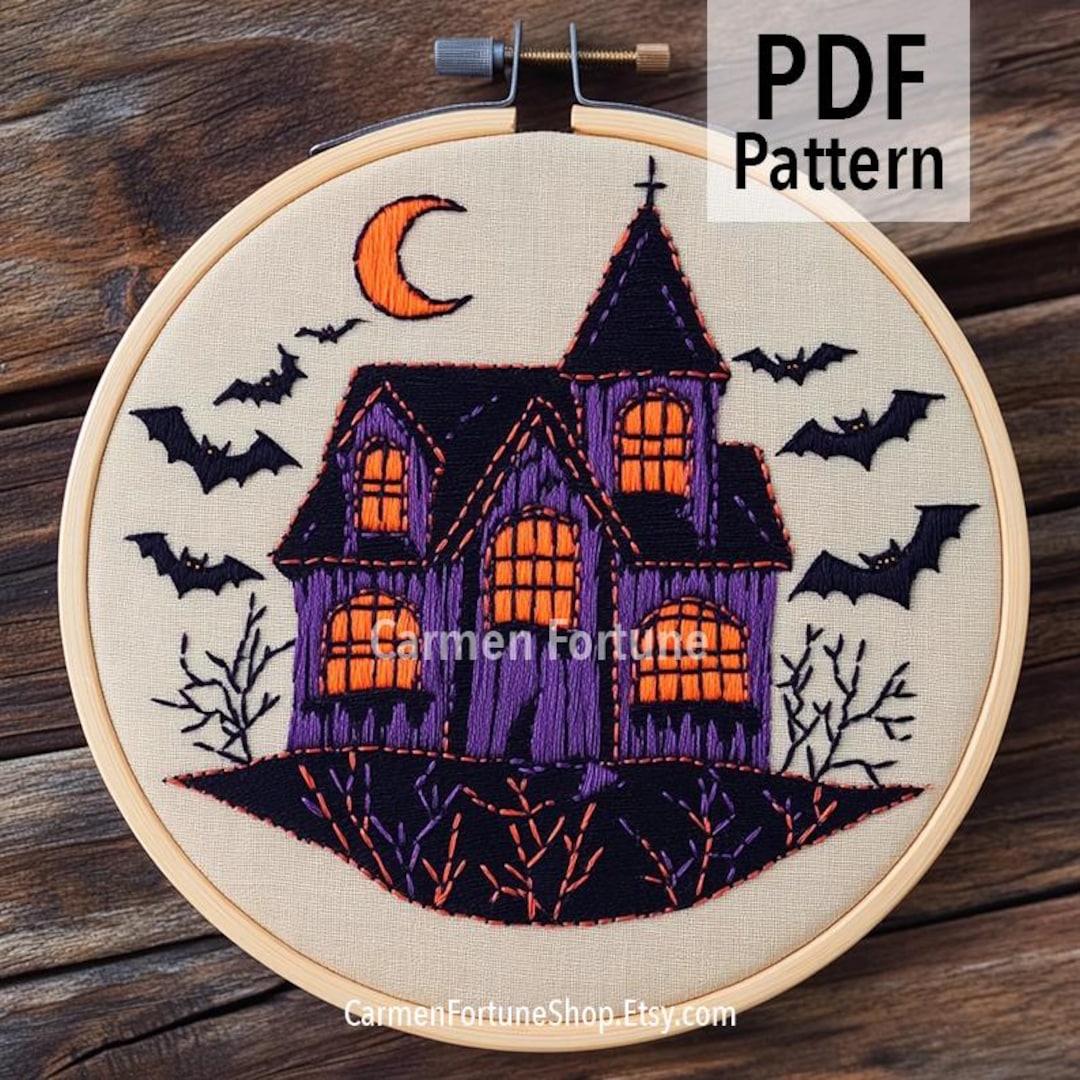 Halloween Haunted House Hand Embroidery Pattern: Spooky DIY Hoop Art ...
