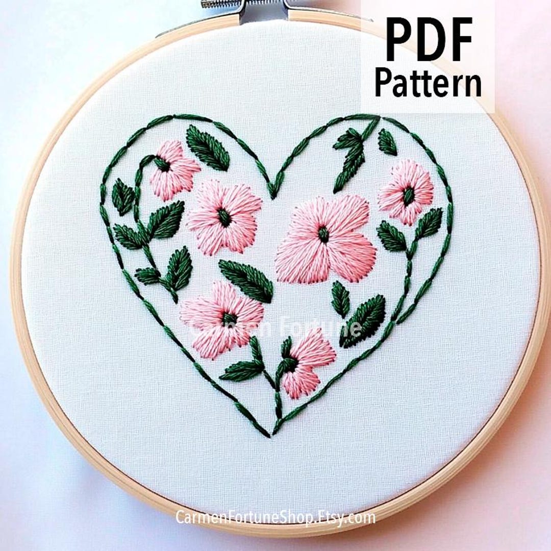 Hand Embroidery Pattern, Floral Heart With Pink Flowers, Romantic ...