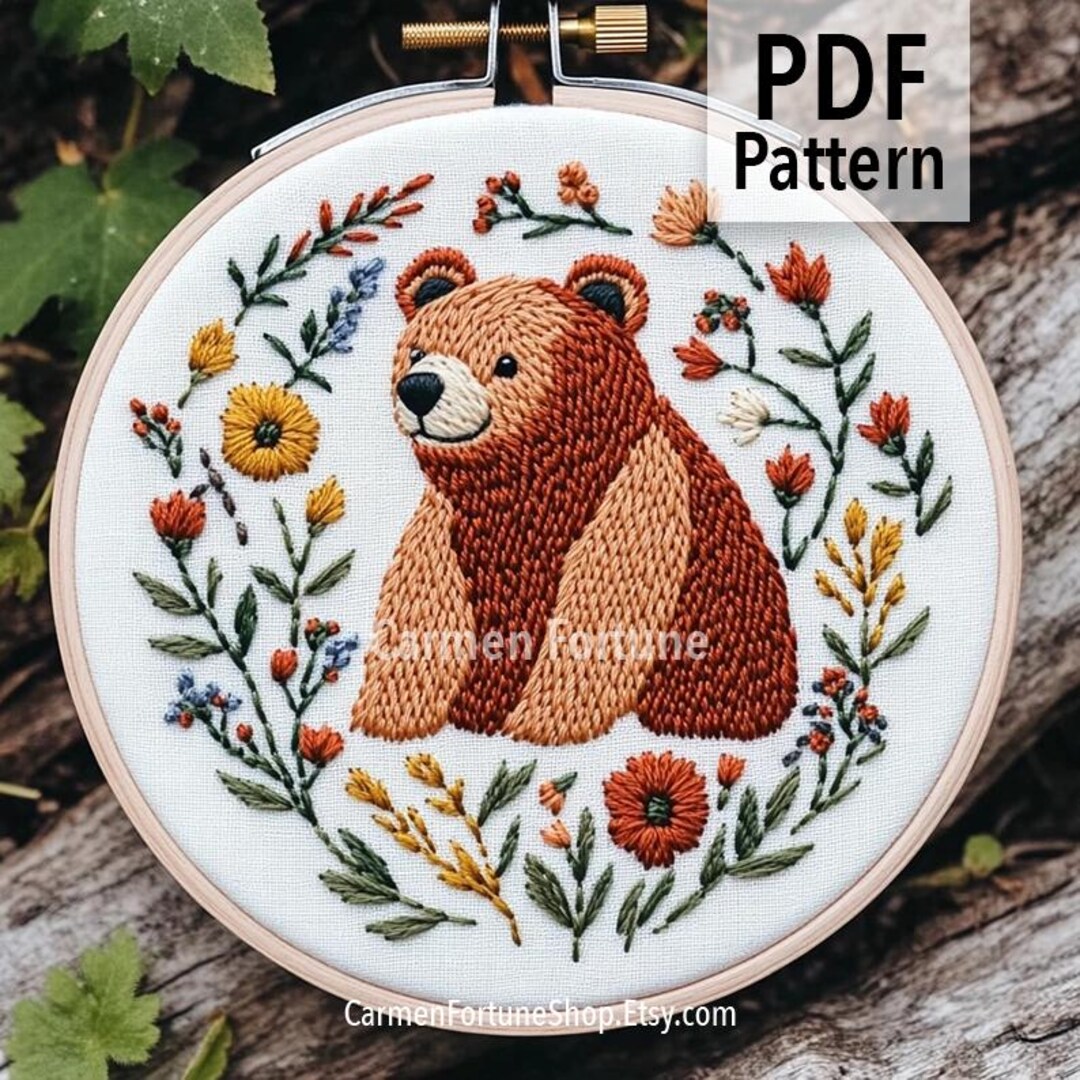Hand Embroidery Pattern PDF, Bear Design, Woodland Animal Floral ...