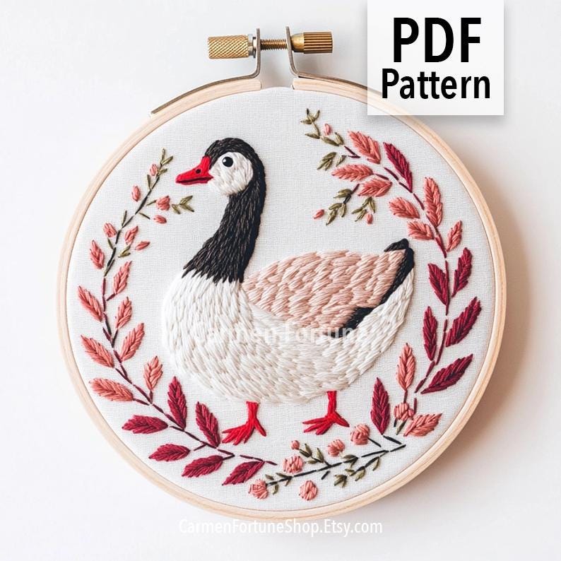 Goose Hand Embroidery Pattern PDF, Bird Embroidery Design With Autumn ...
