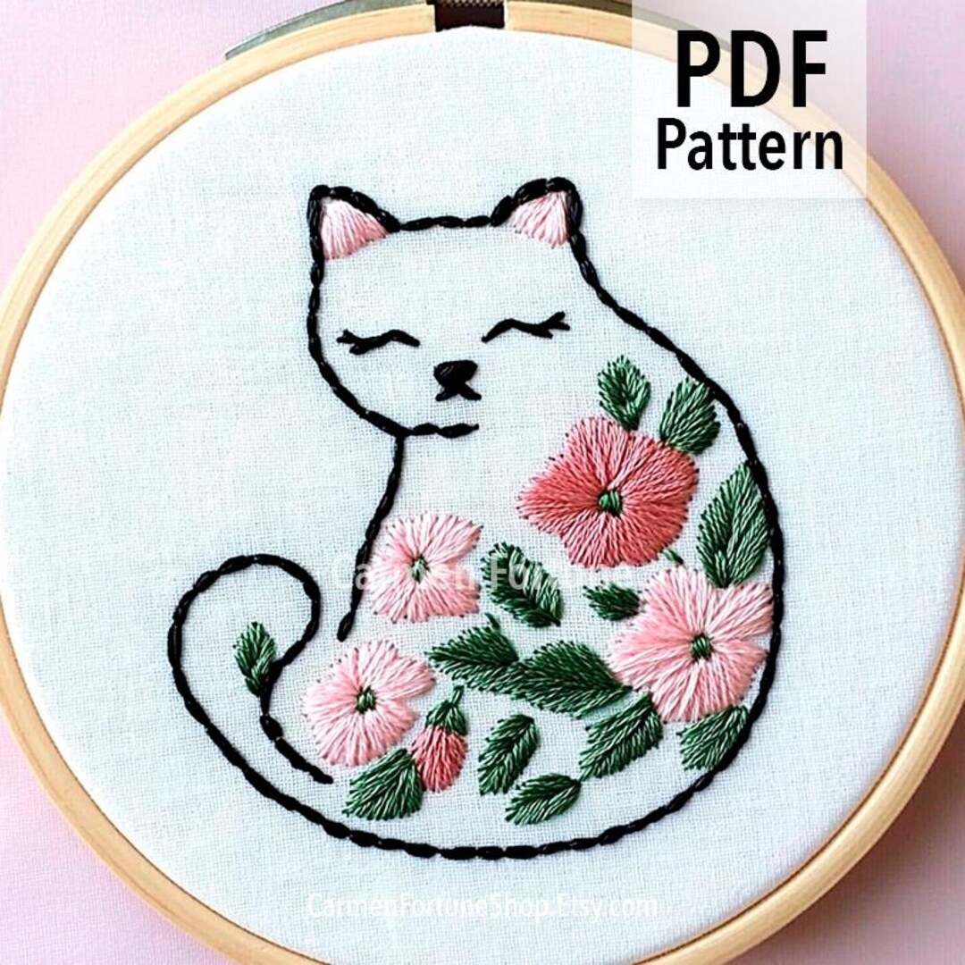 Floral Cat Hand Embroidery Pattern: Romantic DIY Hoop Art (PDF Download ...