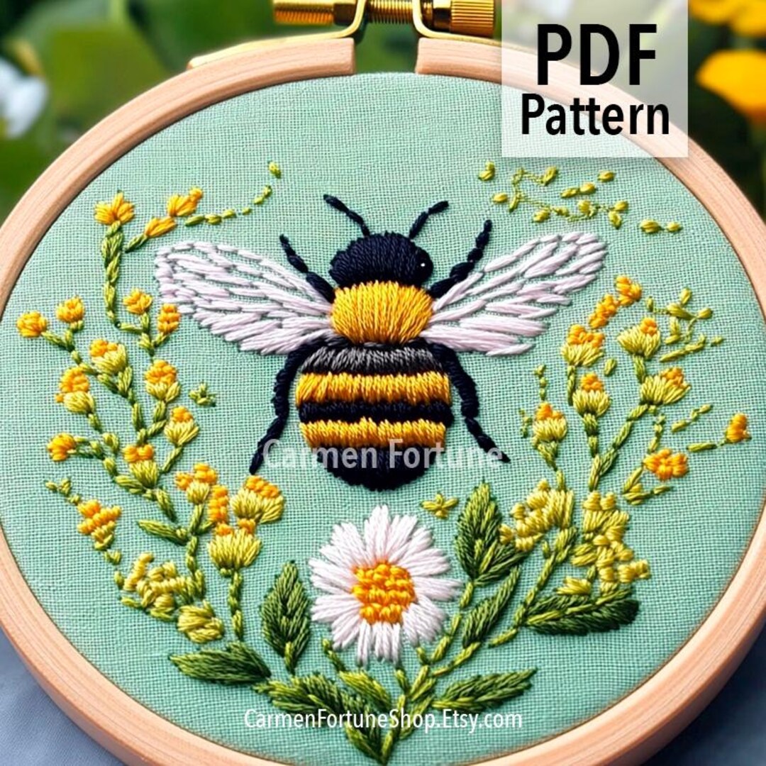 Bee Hand Embroidery Pattern PDF, Bumblebee and Wildflower Embroidery ...
