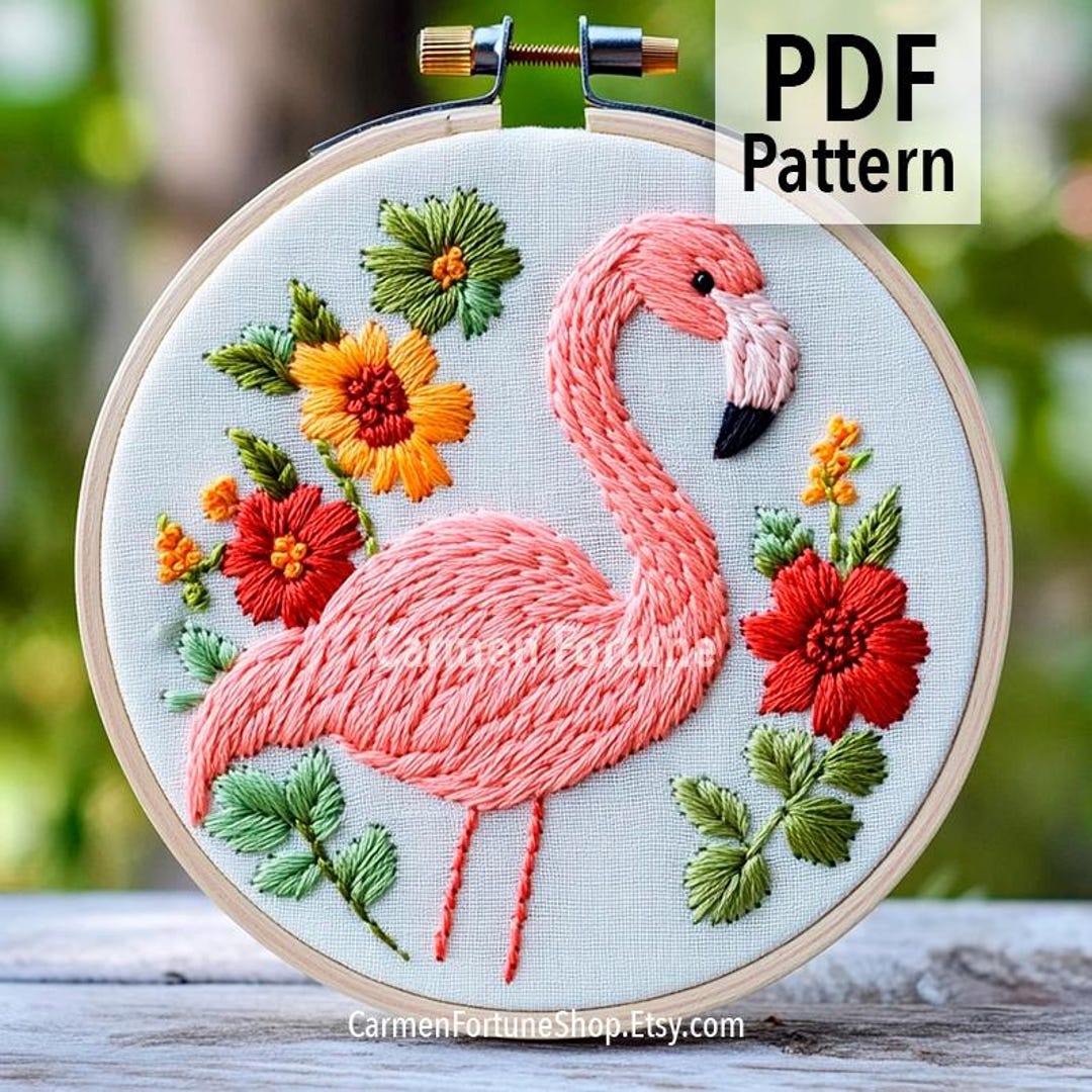 Flamingo Hand Embroidery Pattern PDF, Summer Tropical Flowers ...