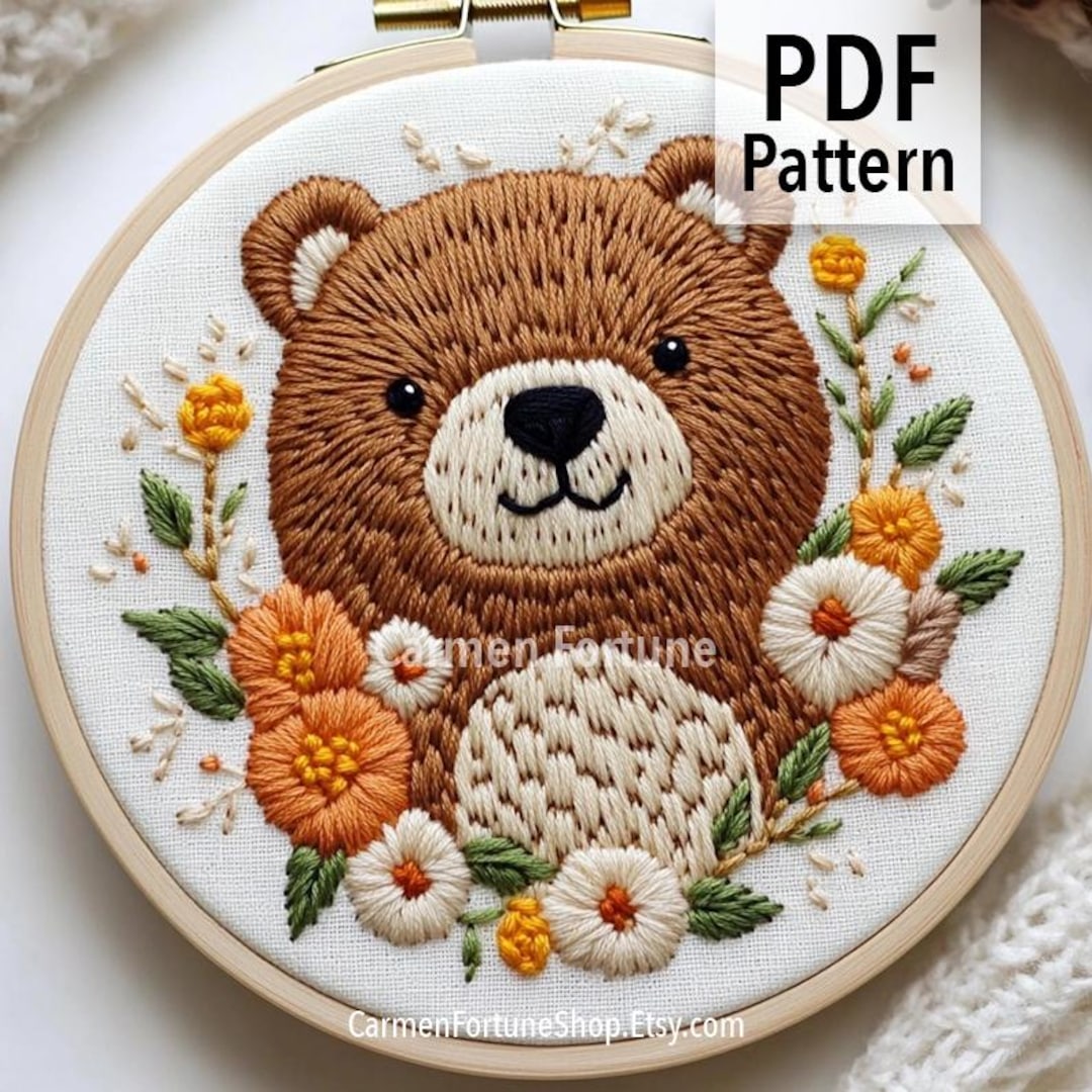 Hand Embroidery Pattern PDF, Bear Design, Woodland Animal Floral ...