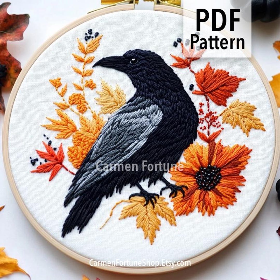 Raven Embroidery Pattern PDF, Gothic Black Bird Hoop Art With Fall ...
