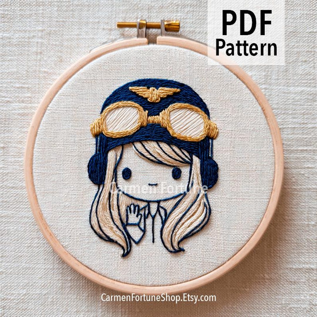 Hand Embroidery Pattern PDF, Cute Aviator Girl With Goggles Design ...