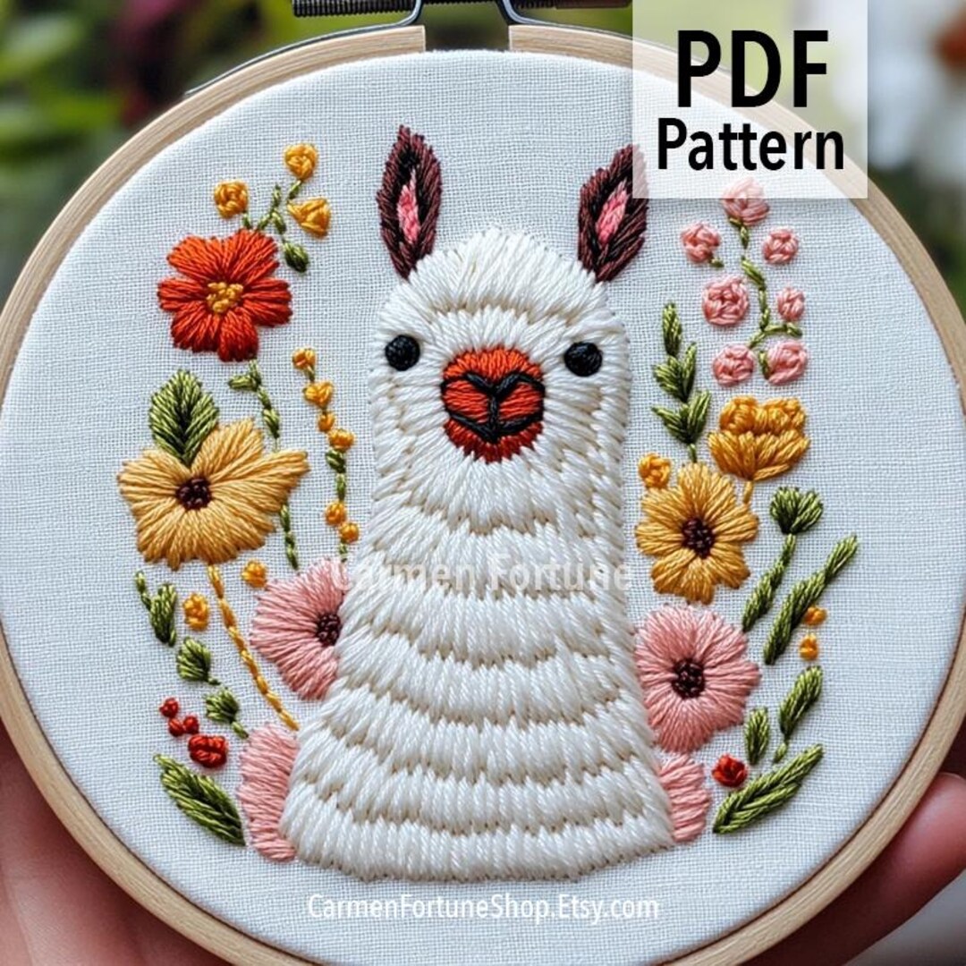 Llama Hand Embroidery Pattern PDF, Cute Animal With Summer Flowers ...