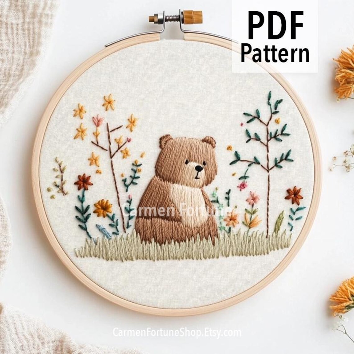 Bear Hand Embroidery Pattern PDF, Cute Woodland Animal Nursery ...