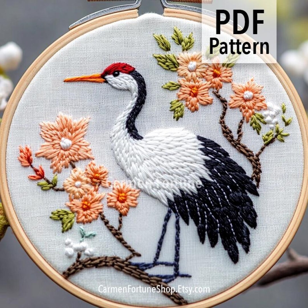 Crane Embroidery Pattern PDF, Bird Embroidery With Flowers, Hand ...
