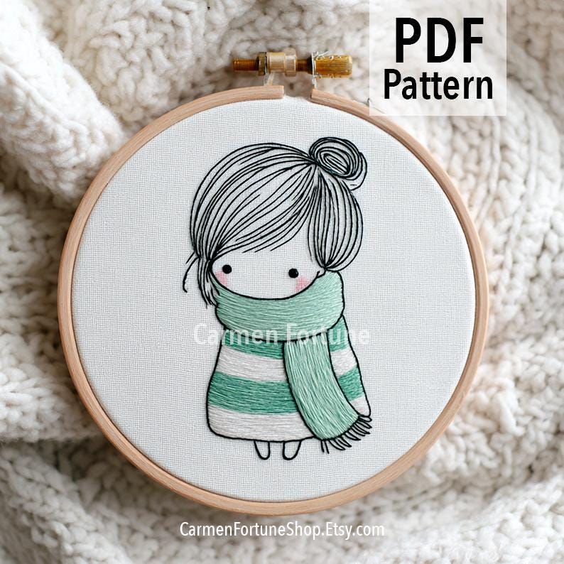 Hand Embroidery Pattern PDF, Cute Girl With Scarf, Cozy Winter Chibi ...