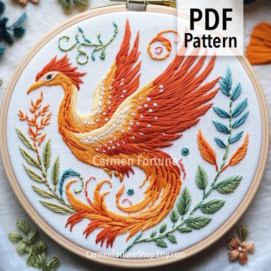 Phoenix Hand Embroidery Pattern PDF, Mythical Bird Embroidery Design ...