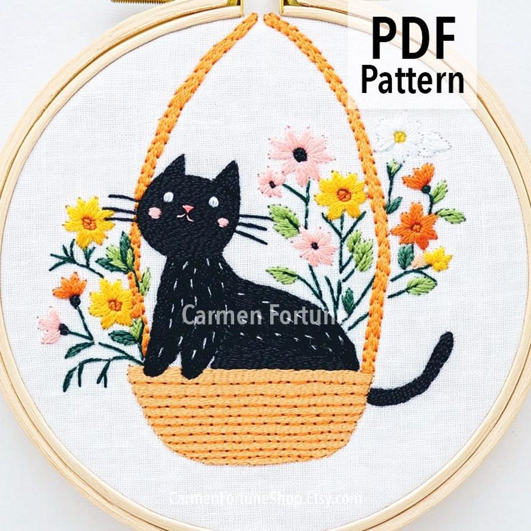 Cats in a Basket Hand Embroidery Pattern PDF, Cute Kitty Embroidery ...