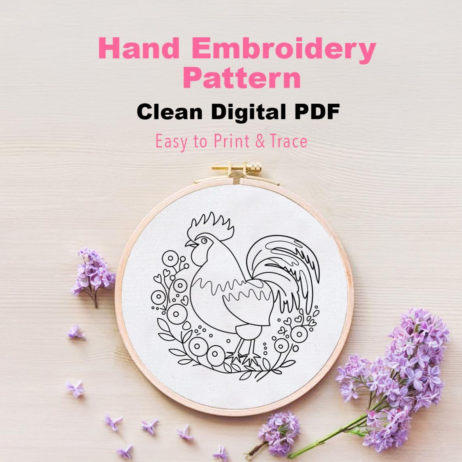 Rooster Hand Embroidery Pattern PDF, Farm Chicken Embroidery Design ...