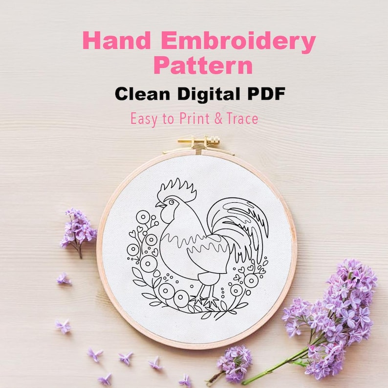 Rooster Hand Embroidery Pattern PDF, Farm Chicken Embroidery Design ...