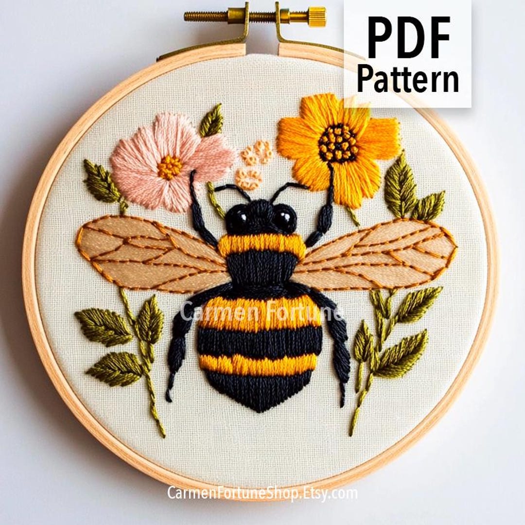 Bee Hand Embroidery Pattern PDF, Bumblebee and Wildflower Embroidery ...