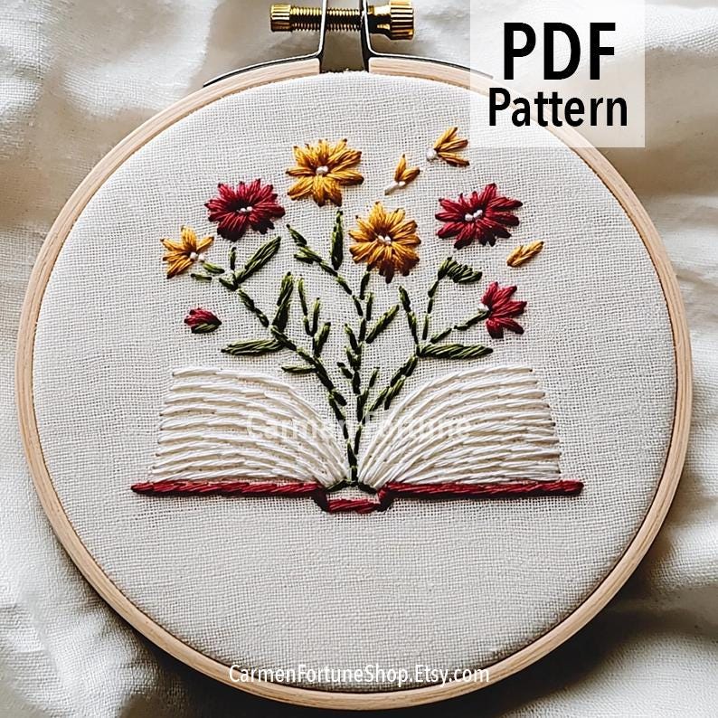 Hand Embroidery Pattern PDF, Cozy Open Book With Wildflowers Embroidery ...
