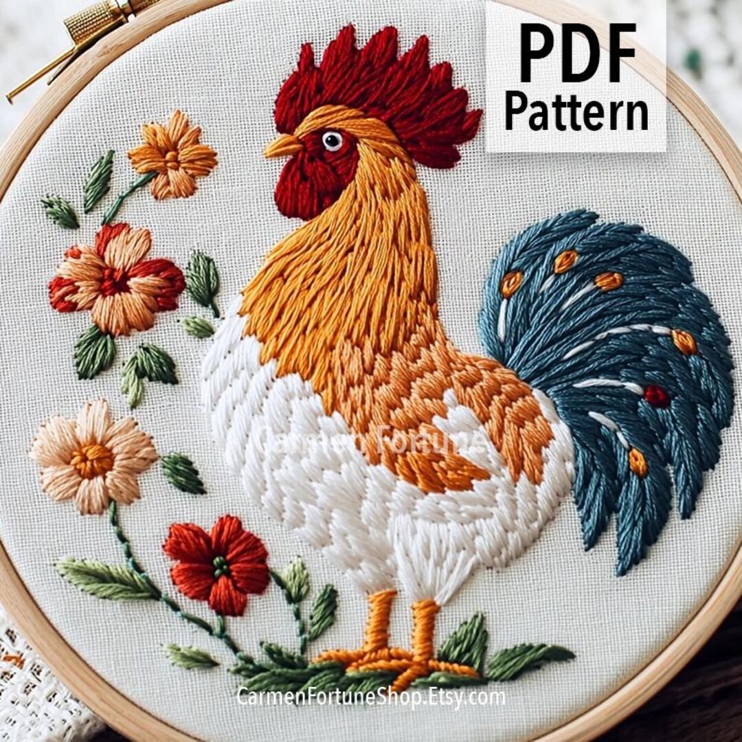 Rooster Hand Embroidery Pattern PDF, Farm Chicken Embroidery Design ...