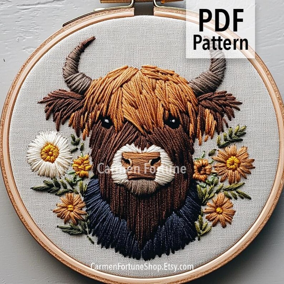 Highland Cow Hand Embroidery Pattern PDF, Cattle Farm Animal Embroidery ...