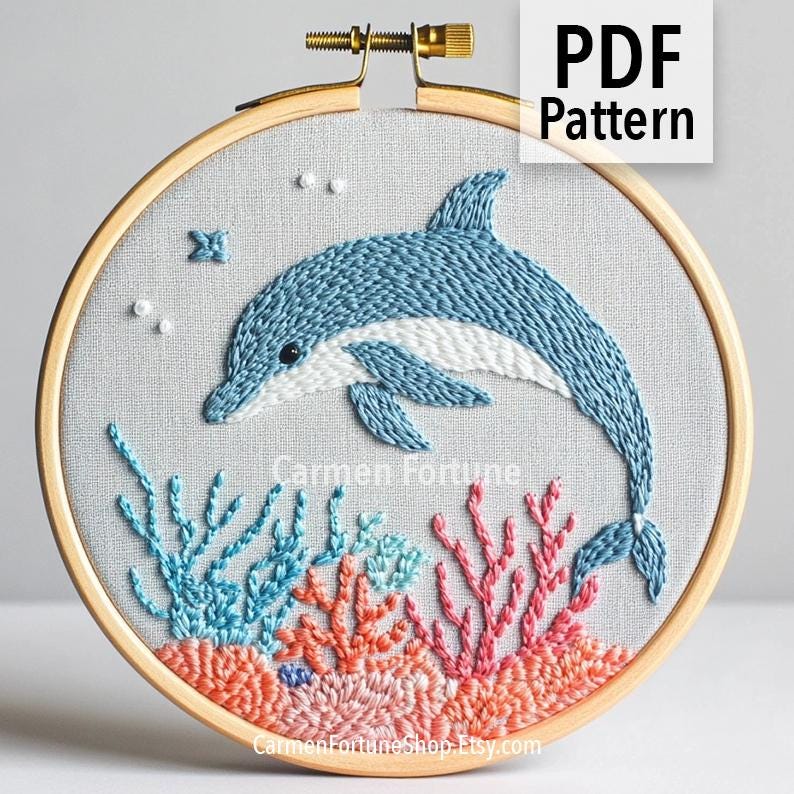 Dolphin Hand Embroidery Pattern PDF, Summer Ocean Coral Reef Embroidery Design, DIY Hoop Art for ...