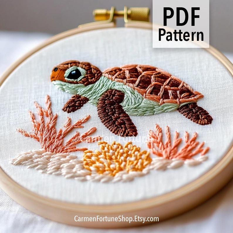 Sea Turtle Hand Embroidery Pattern PDF, Summer Ocean Animal Hoop Art ...