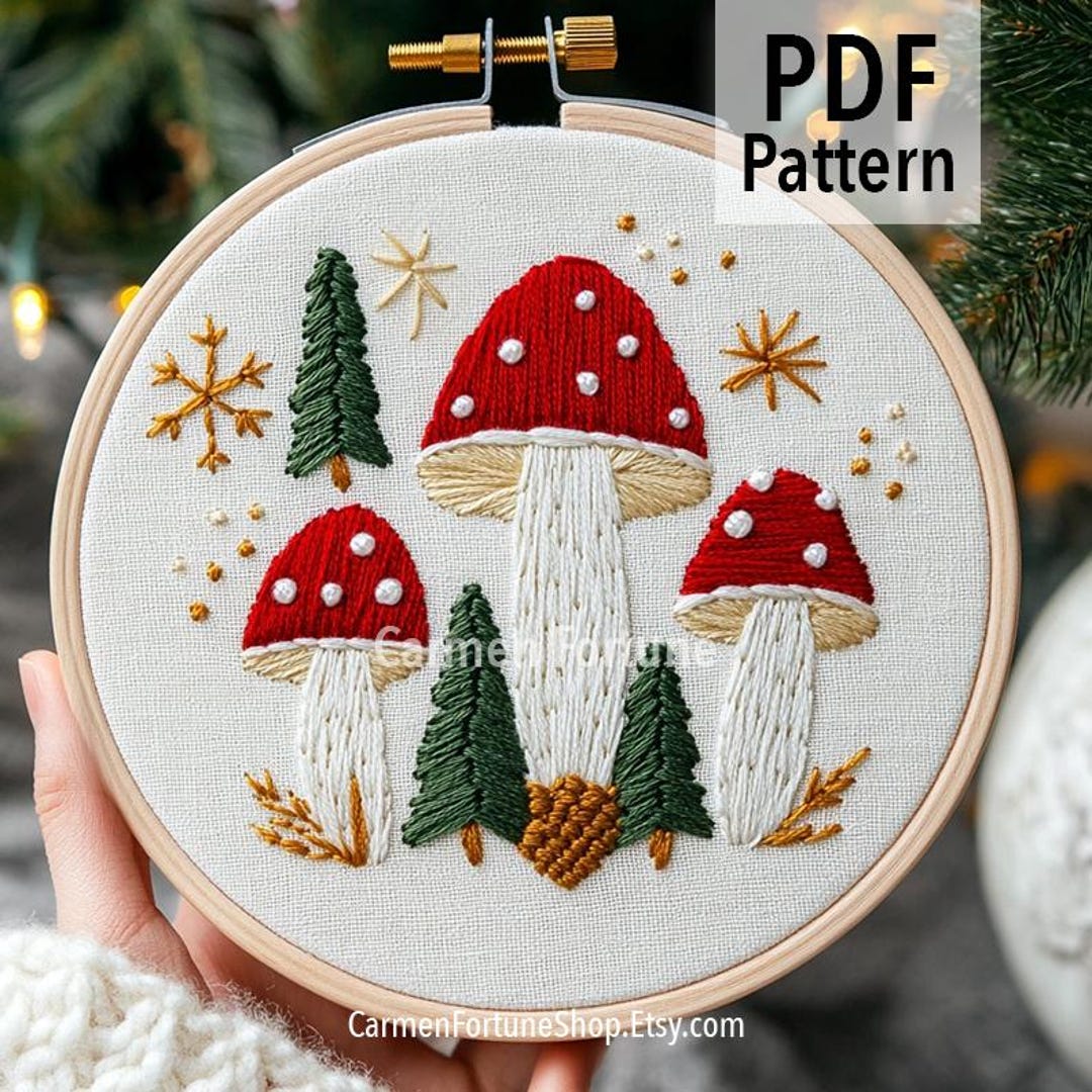 Mushroom Hand Embroidery Pattern PDF, Winter Woodland Embroidery Design ...