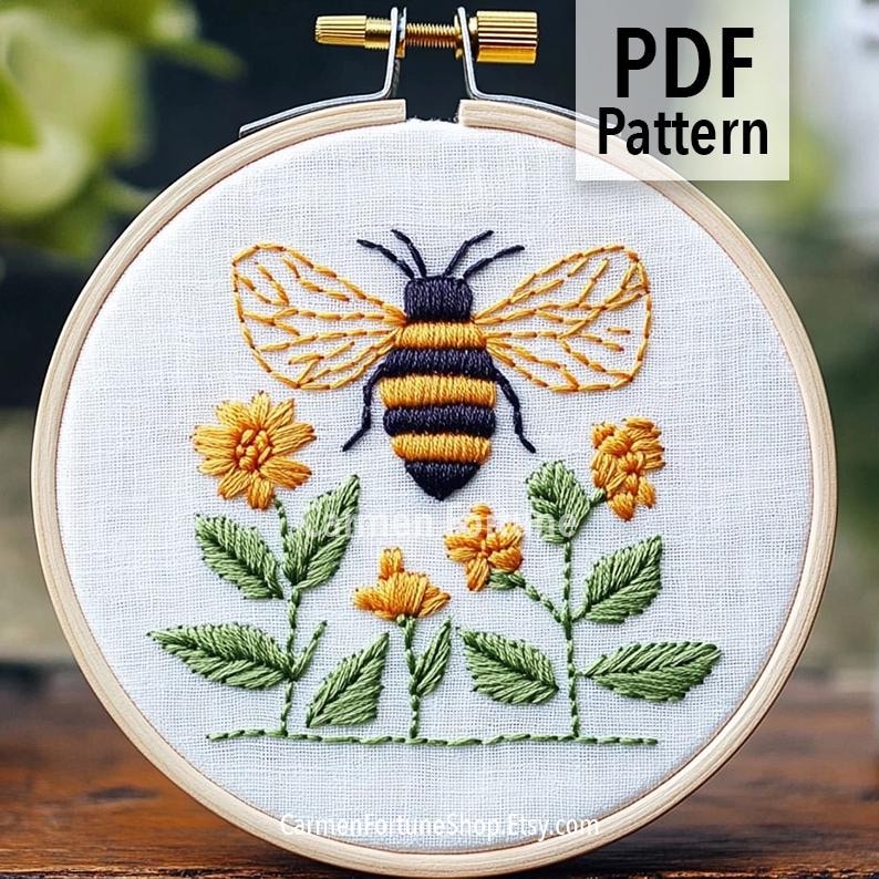 Bee Hand Embroidery Pattern PDF, Bumblebee and Wildflower Embroidery ...
