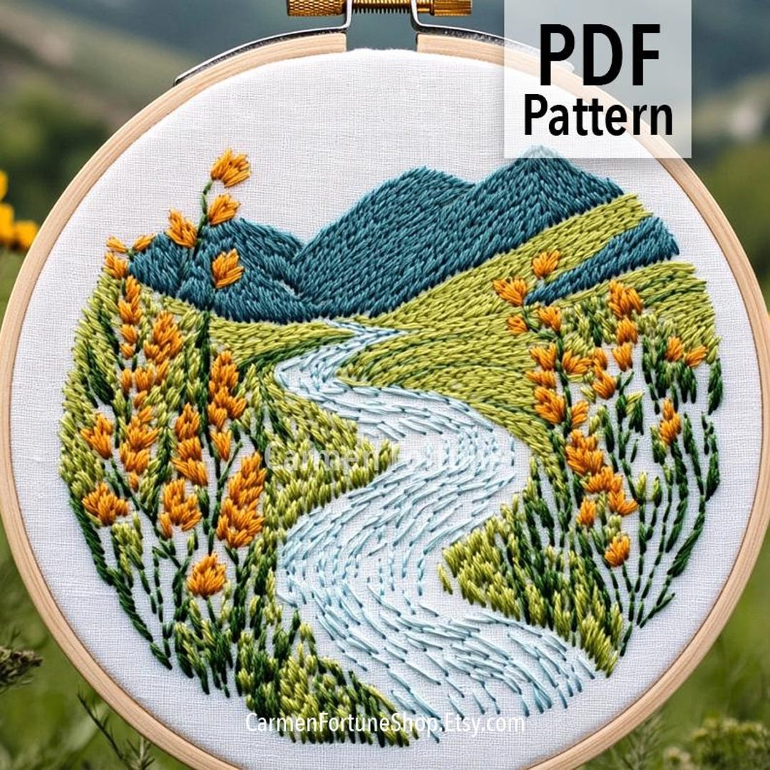 River Landscape Embroidery Pattern: Wildflowers & Mountains (PDF ...