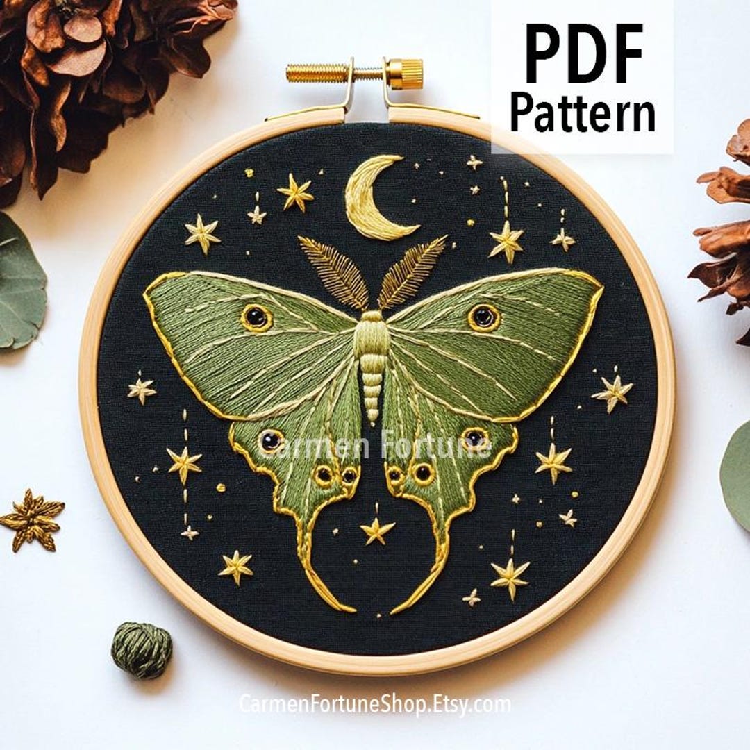 Luna Moth Embroidery Pattern: Celestial Moon & Stars DIY Hoop Art (PDF ...