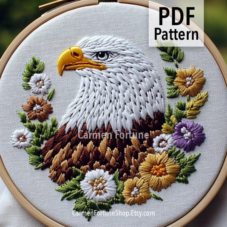 Bald Eagle Hand Embroidery Pattern PDF, Patriotic Eagle Embroidery With ...