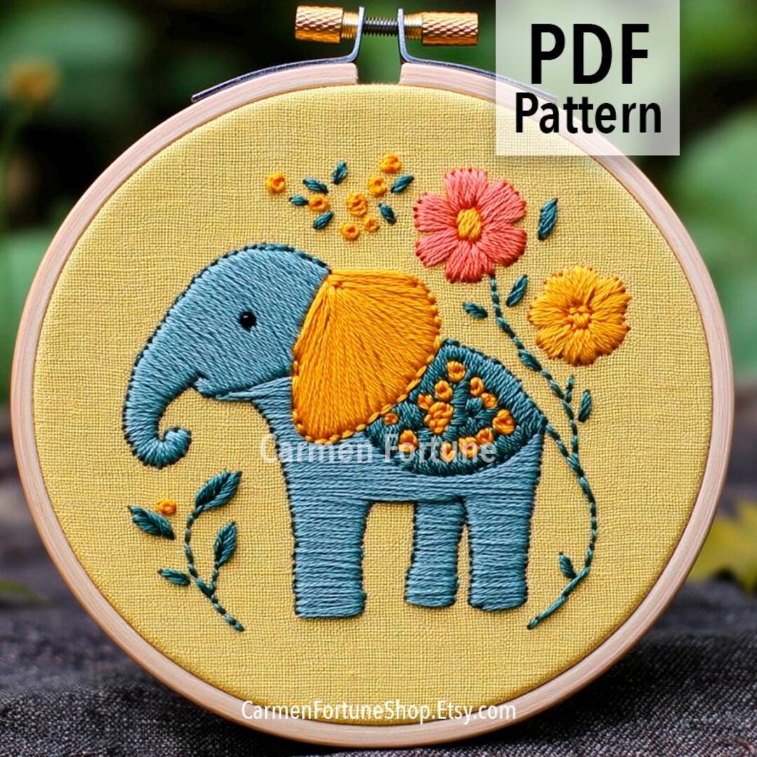 Elephant Hand Embroidery Pattern PDF, Baby Nursery Embroidery Design ...
