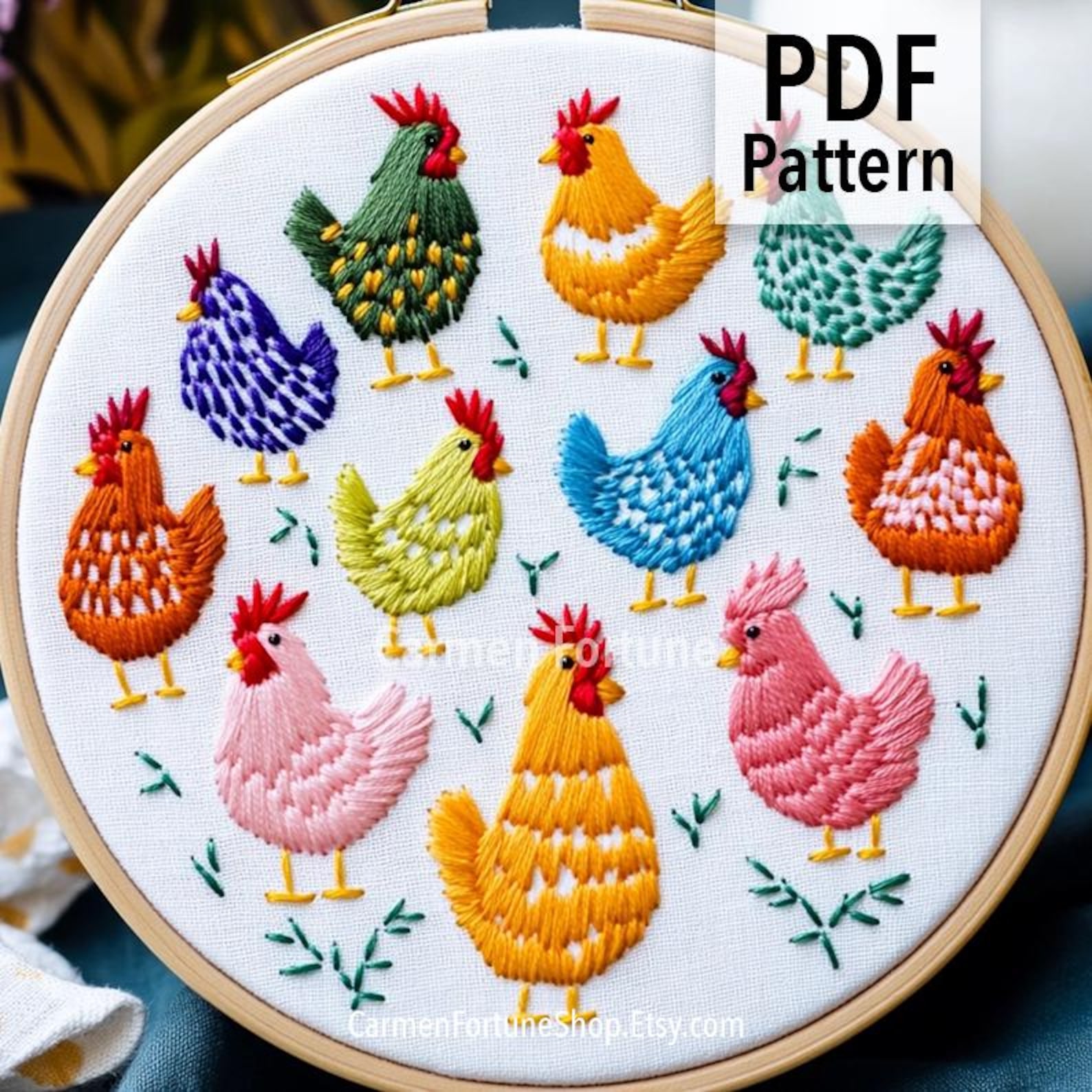 Colorful Chickens Hand Embroidery Pattern PDF, Farm Chicken Embroidery ...