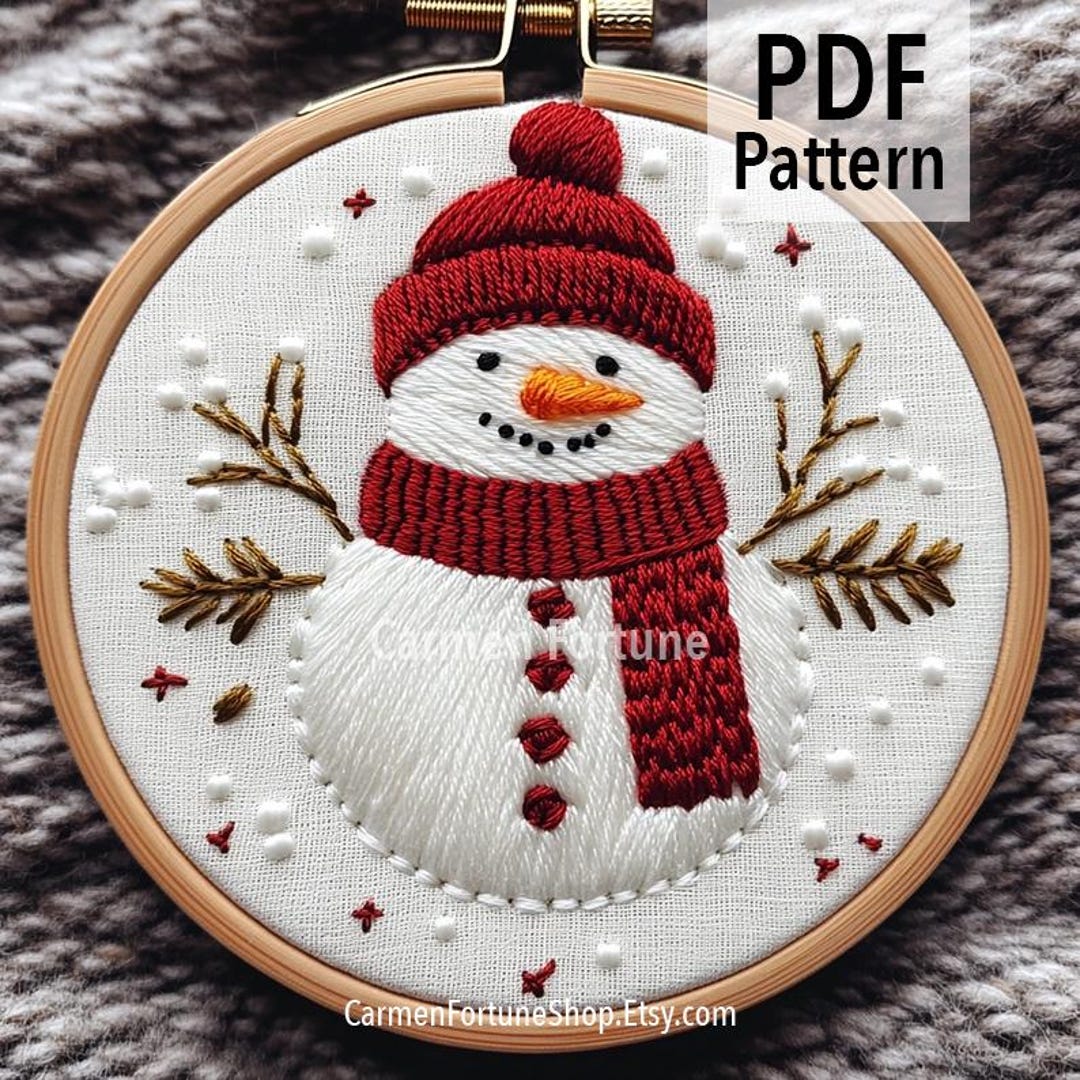 Snowman Hand Embroidery Pattern PDF, Winter Holiday Embroidery Design ...