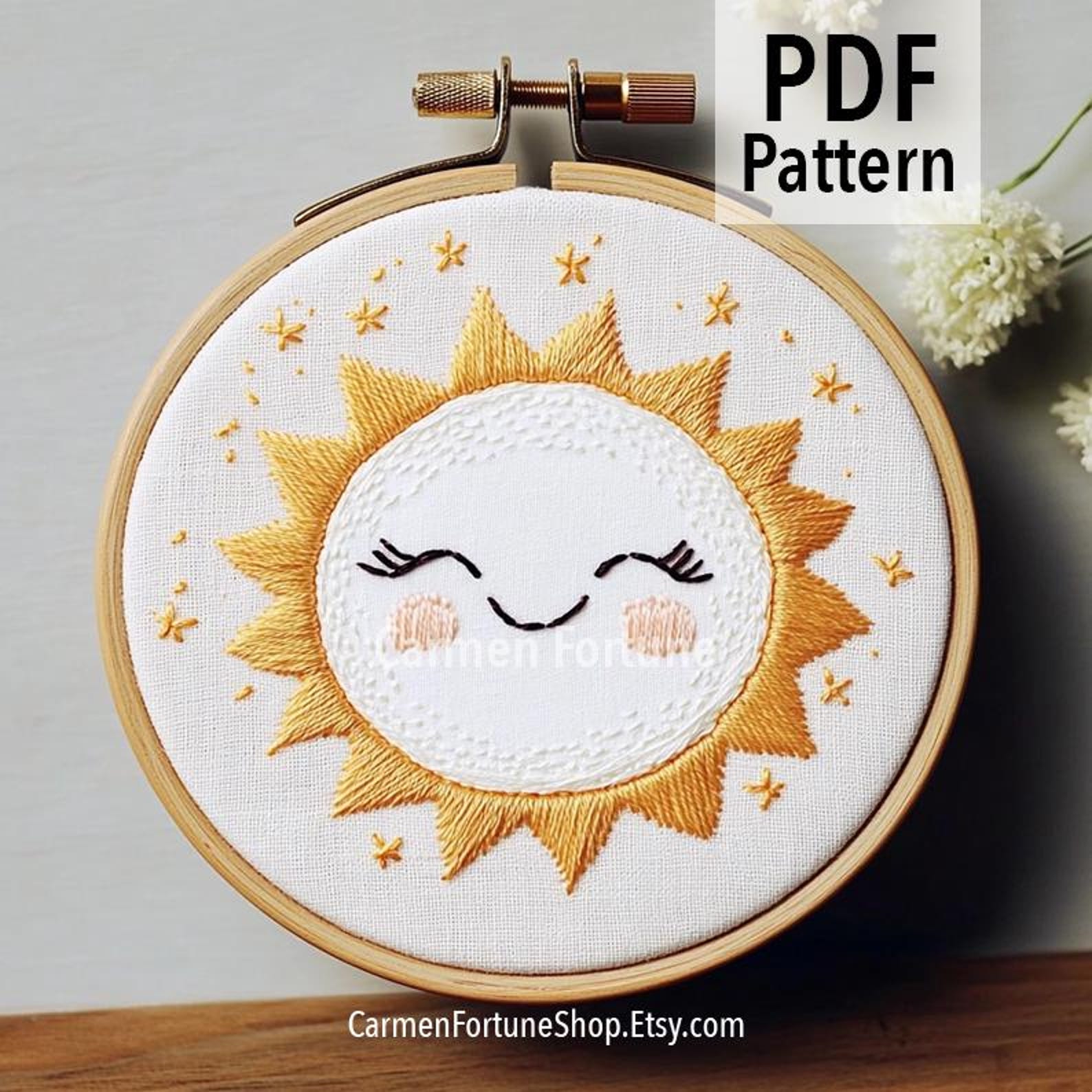 Sun Hand Embroidery Pattern PDF, Cute Smiling Sun and Stars Nursery ...