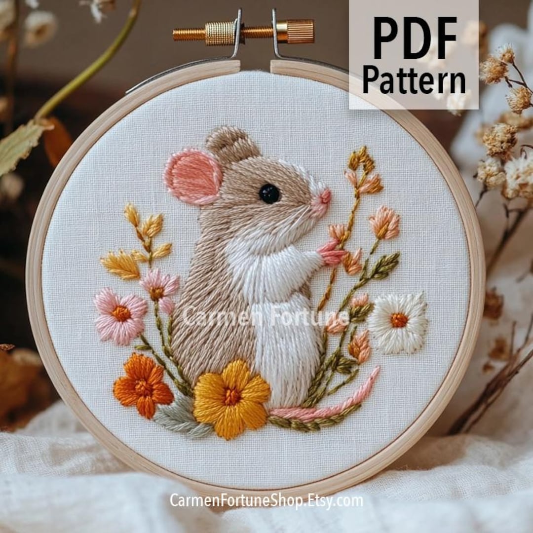 Mouse Hand Embroidery Pattern PDF, Cute Woodland Animal Embroidery ...