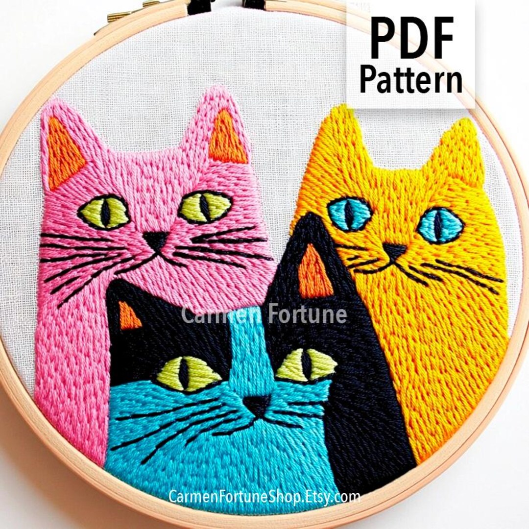 Colorful Cats Hand Embroidery Pattern PDF, Modern Cat Embroidery Design ...