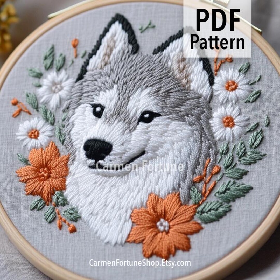 Husky Dog Hand Embroidery Pattern PDF, Siberian Husky Embroidery Design ...