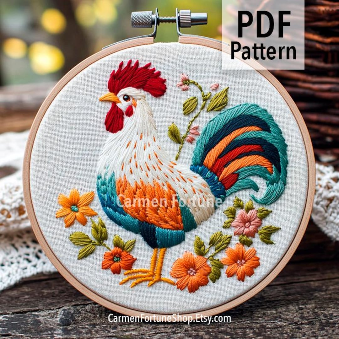 Rooster Hand Embroidery Pattern PDF, Farm Chicken Embroidery Design ...