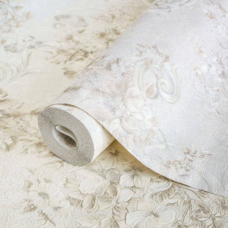 White Modern Flowered Embossed Wallpaper, Home Wall Decor, Aesthetic ...