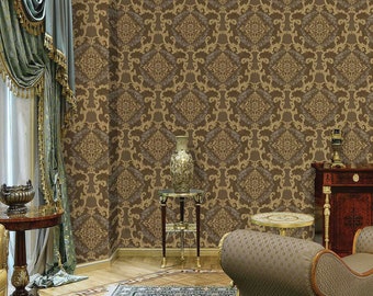 Damask Vinyl Wallpaper Dark Brown & Gold Metallic 3D Embossed ...