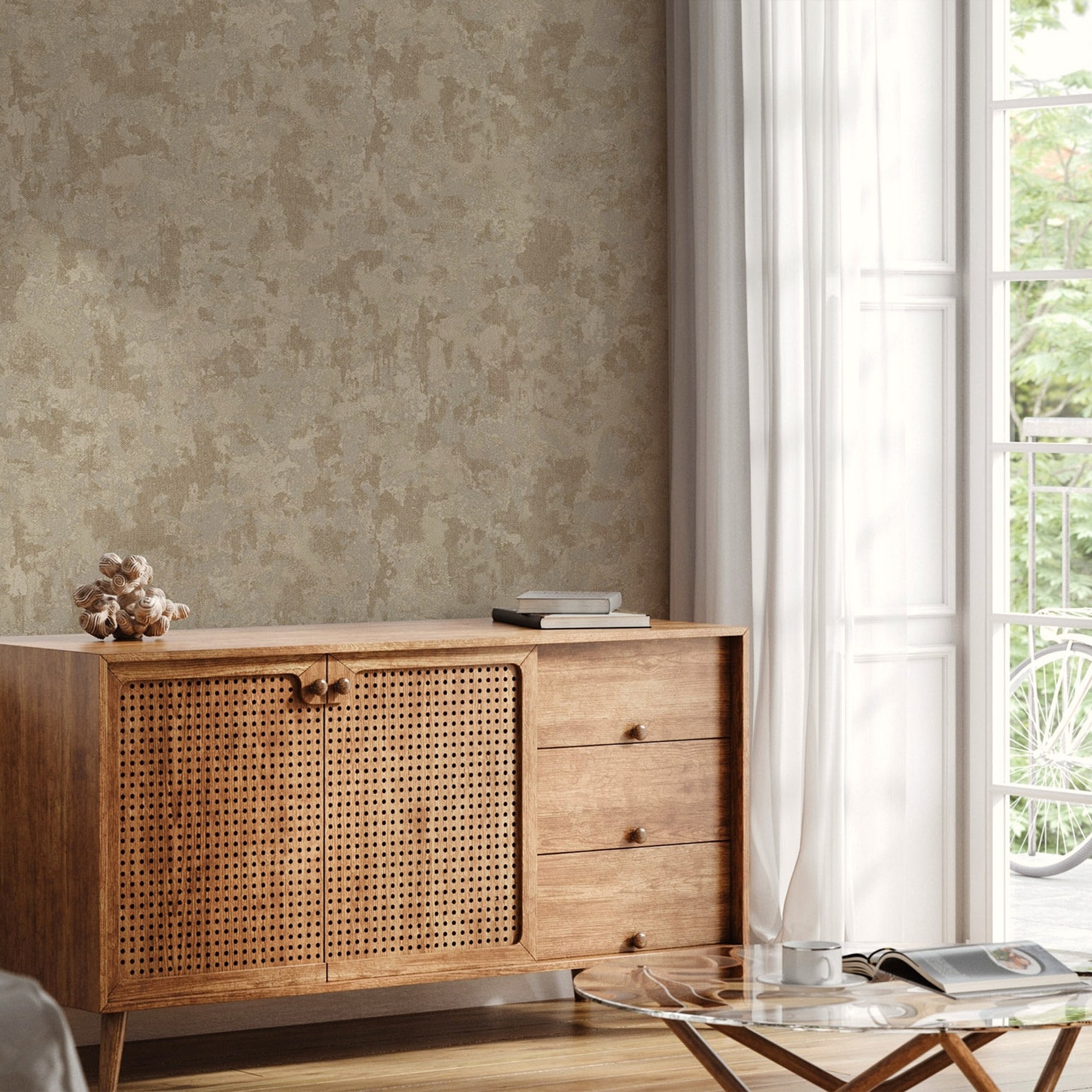 Modern Distressed Embossed Wallpaper, 3D Textured Light Brown, Shiny ...