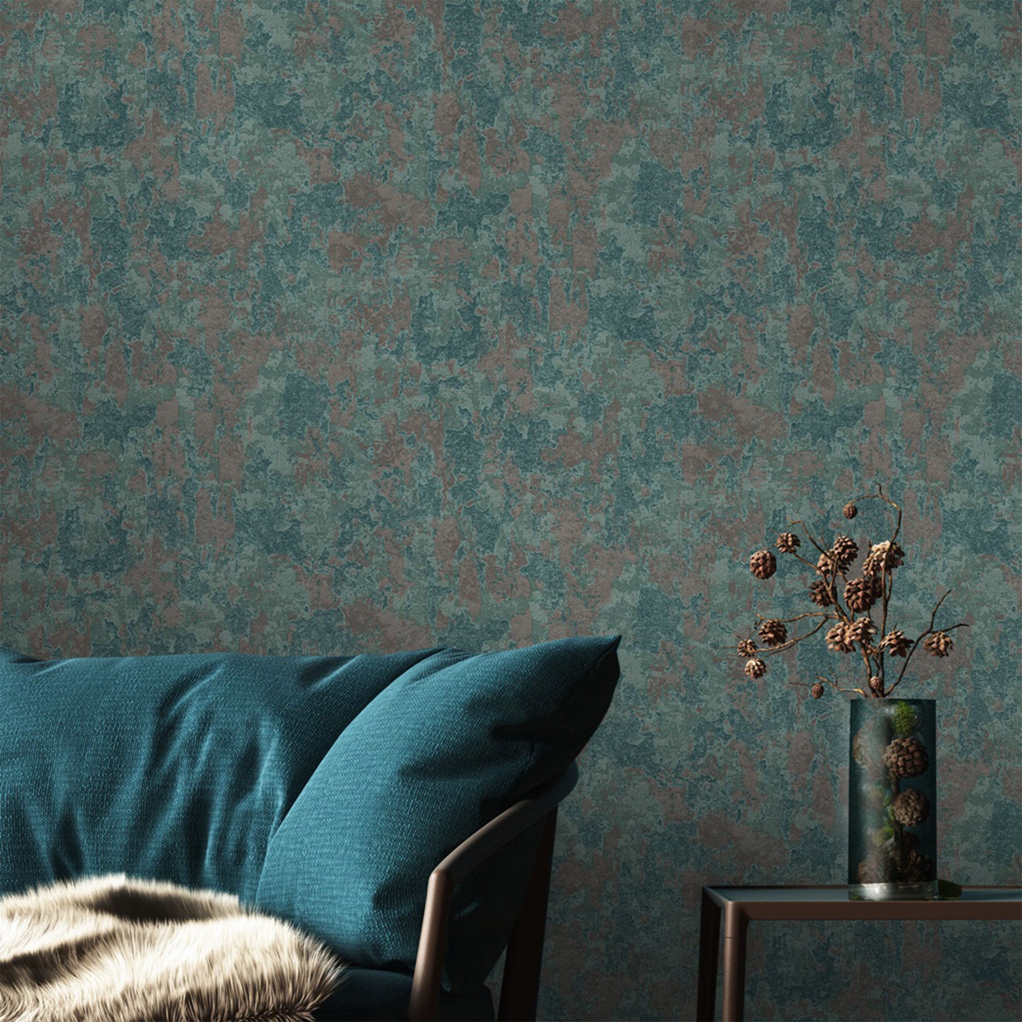 Beautiful Distressed Embossed Wallpaper, Blue Green Rustic Shimmering ...
