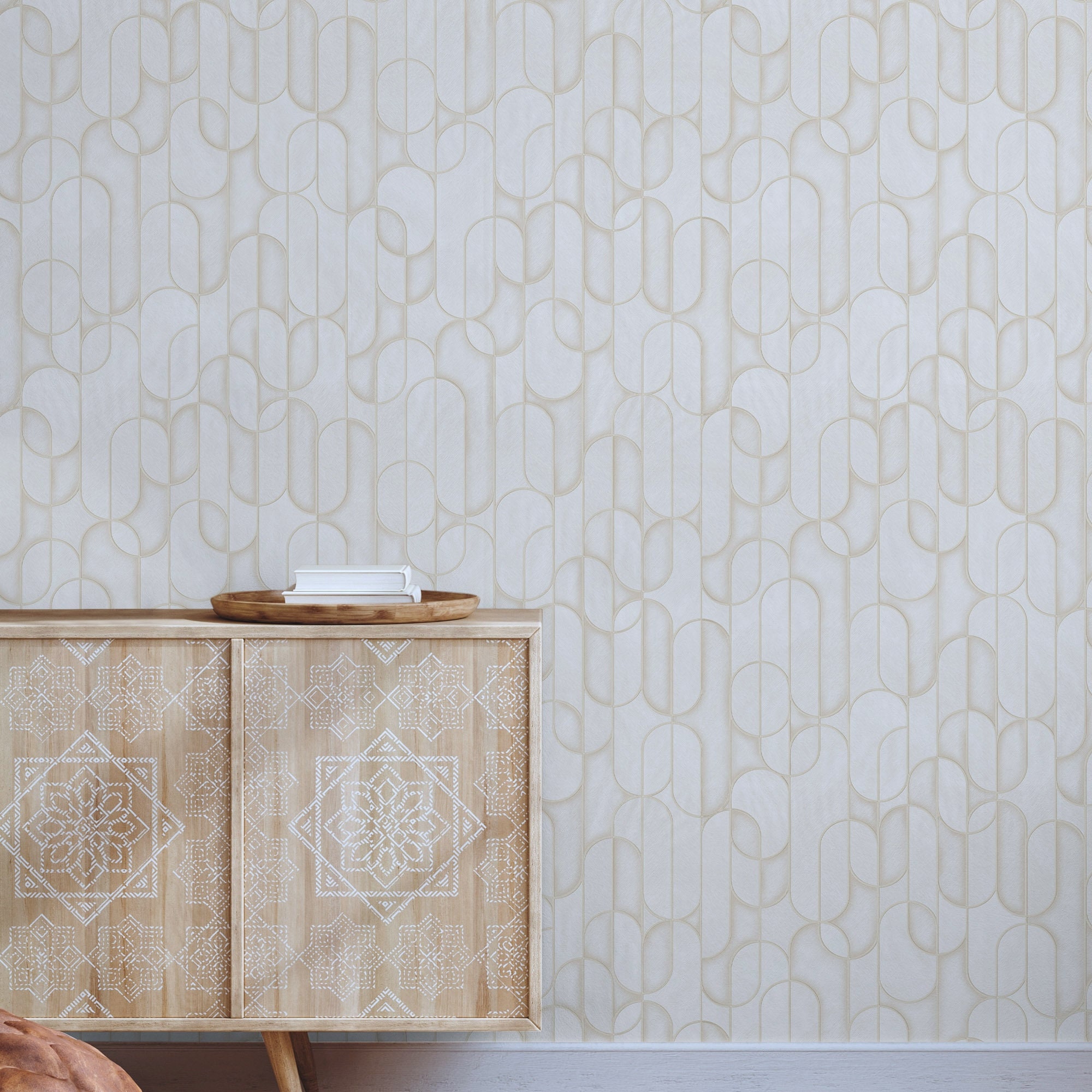 Geometric Ivory Shiny Gold Wallpaper, 3D Textured Wallcovering, Extra ...